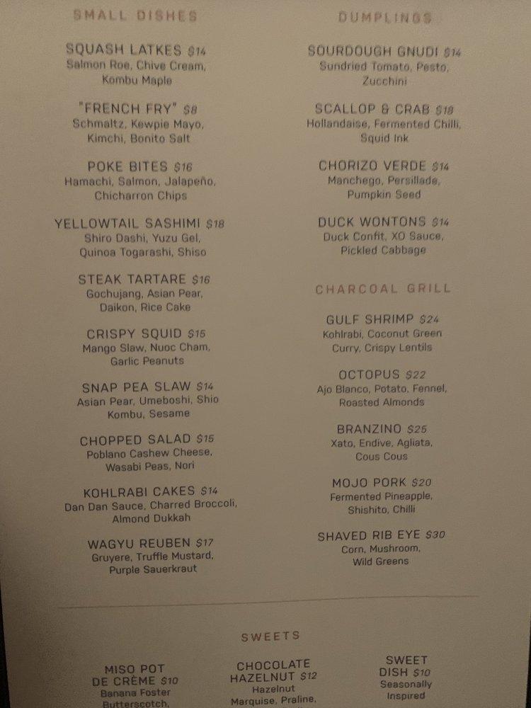Menu at SARA restaurant, Toronto