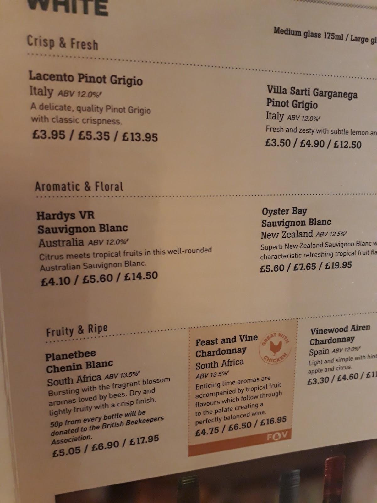 Menu at Swindon Harvester restaurant, Swindon, Latham Road