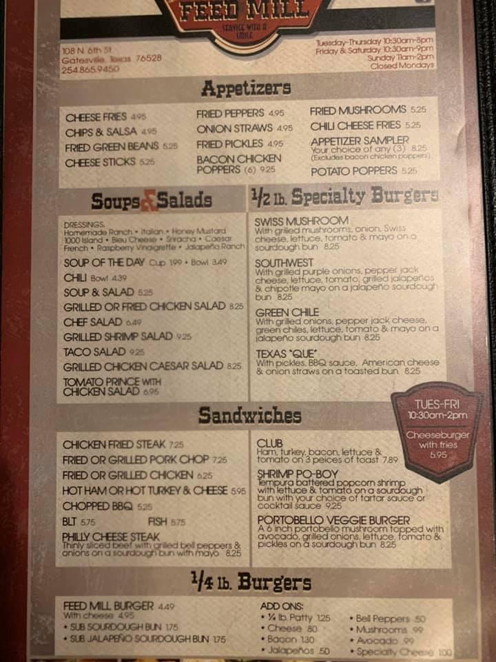 Menu at The Feed Mill BBQ, Gatesville