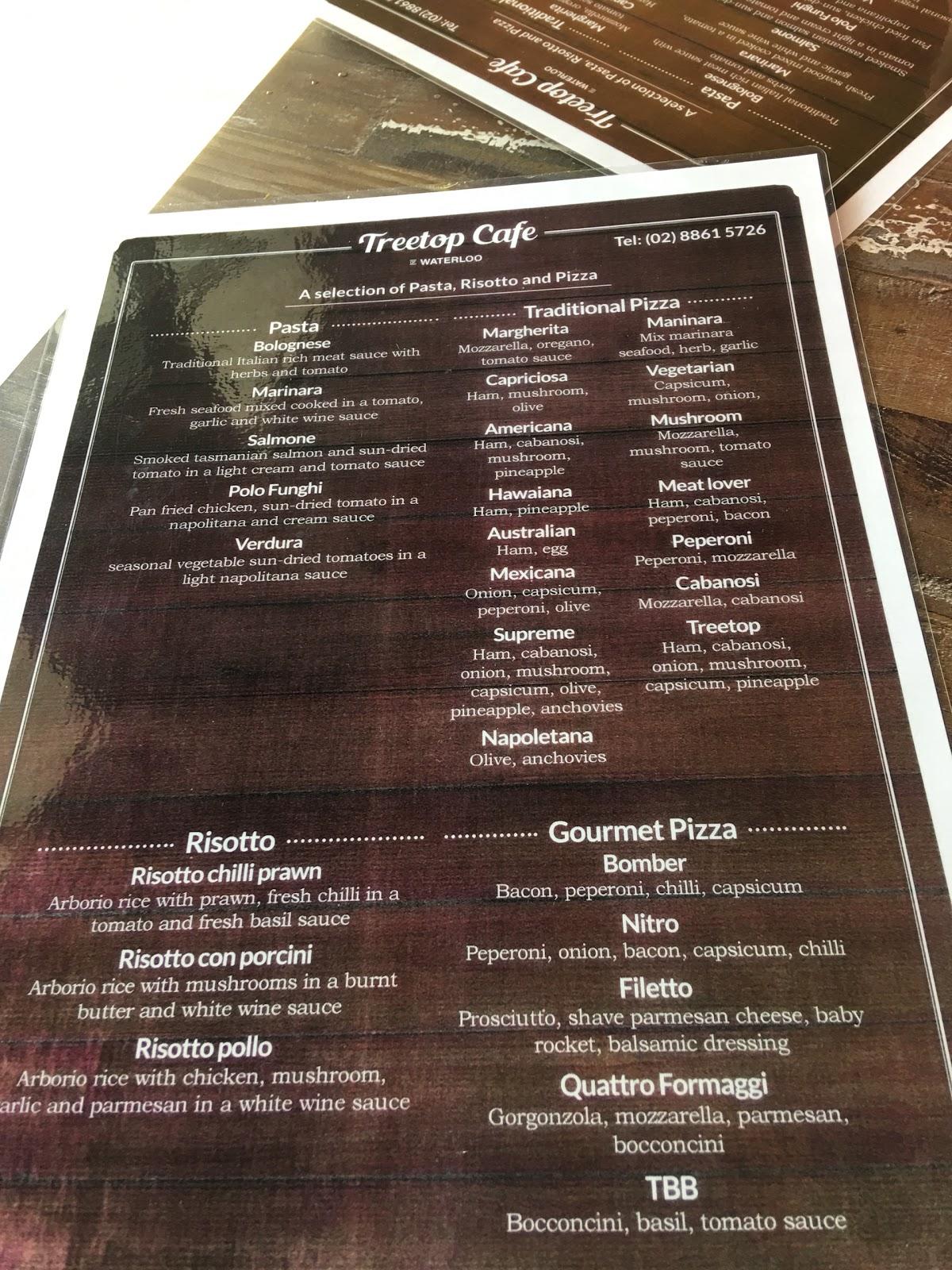 Menu at Treetop Cafe, Zetland