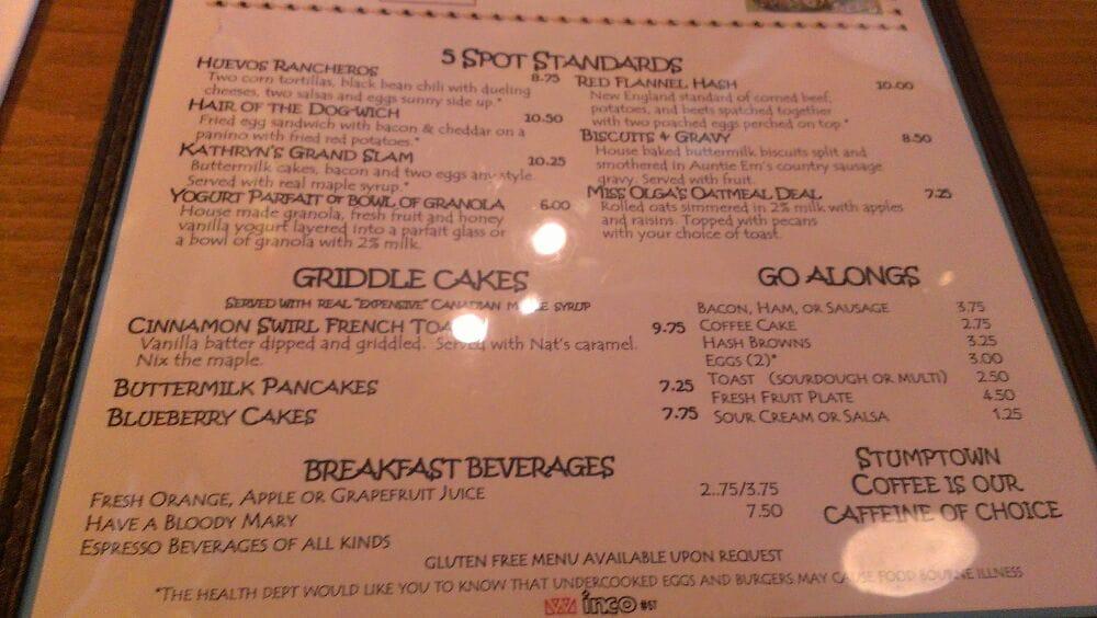 Menu at 5 Spot restaurant, Seattle