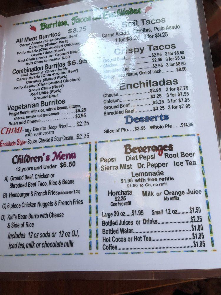 Menu at Casa Rivera's Taco Express restaurant, Oracle