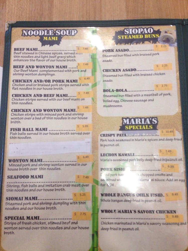 Menu at Maria's Kusina restaurant, Buena Park
