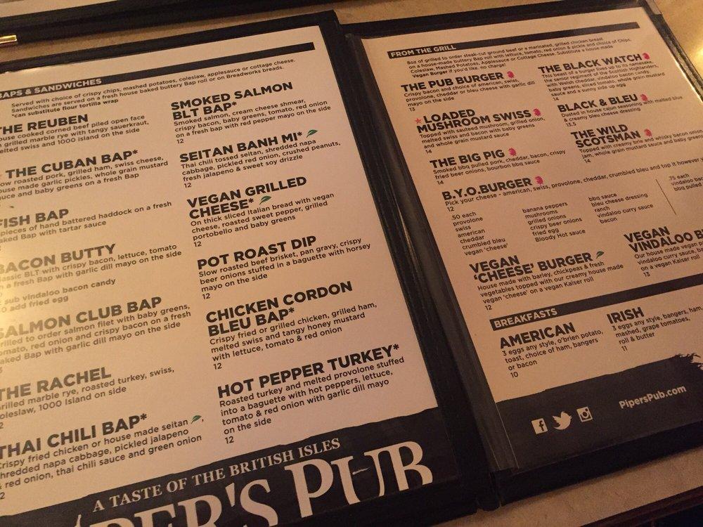 Menu at Piper's Pub, Pittsburgh