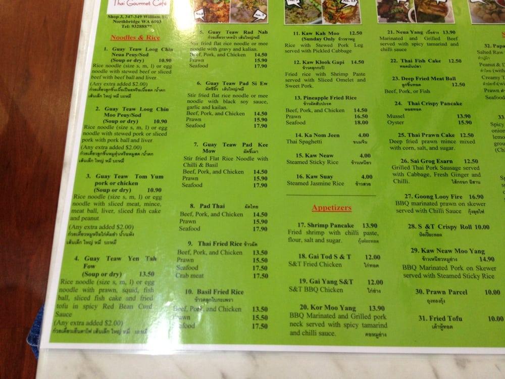 Menu at S & T Thai Gourmet Cafe, Northbridge