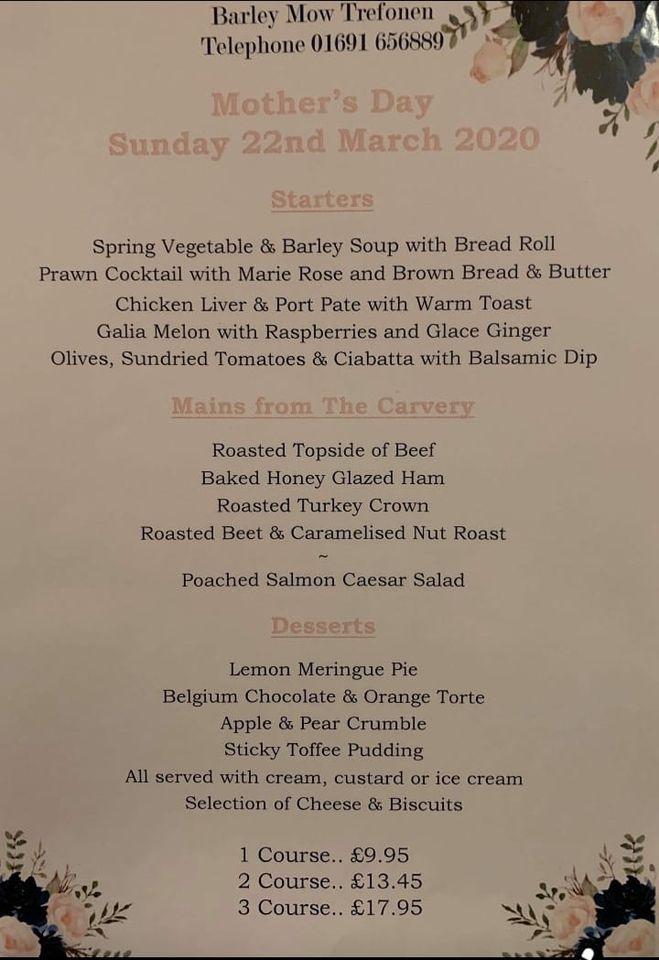 Menu at The Barley Mow, Oswestry