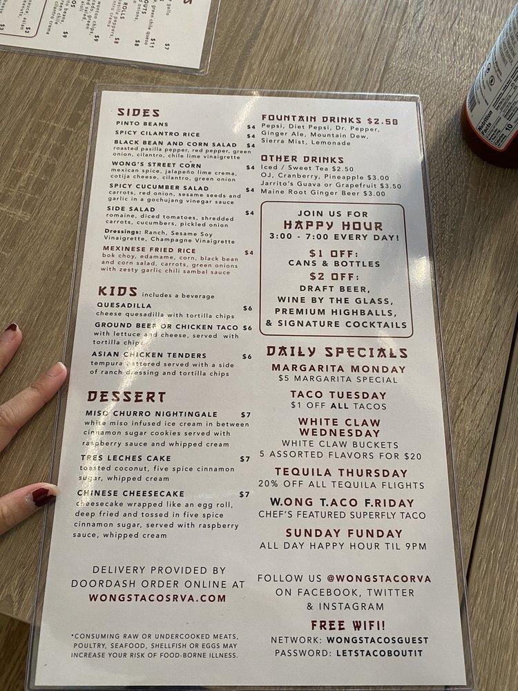 Menu at Wong's Tacos - Greengate restaurant, Richmond