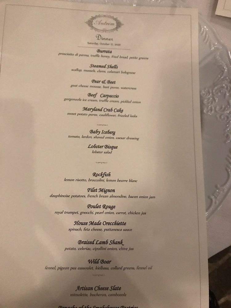 Menu at Antrim 1844 restaurant, Taneytown