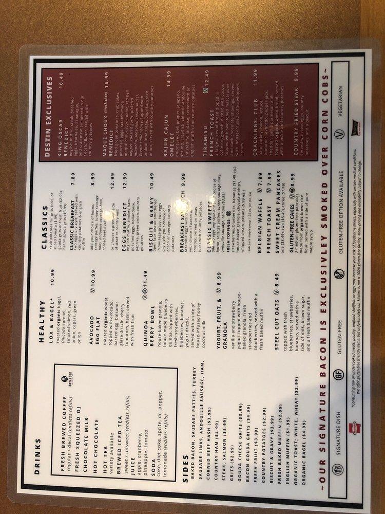 Menu at Crackings restaurant, Destin