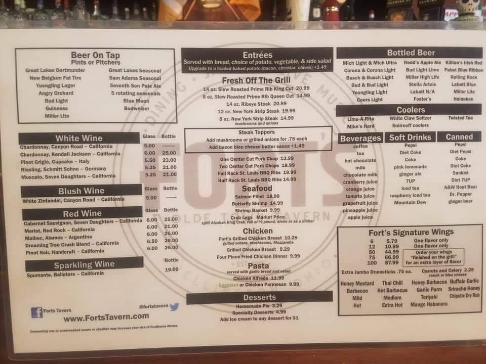 Menu at Fort's Old Town Tavern pub & bar, Wellington