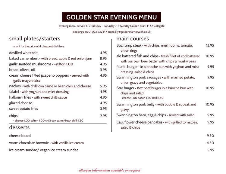 Menu at Golden Star pub & bar, Norwich
