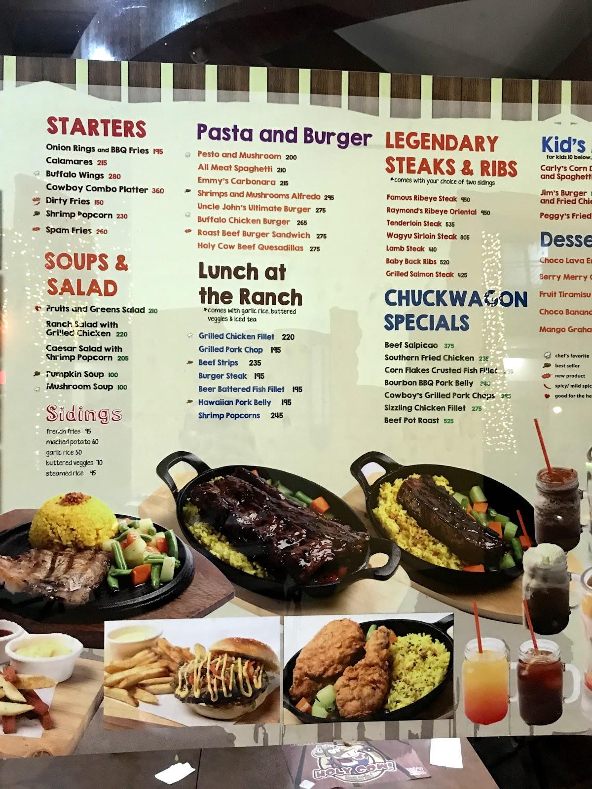 Menu at Holy Cow restaurant, Pasay, GXMJ+HR3