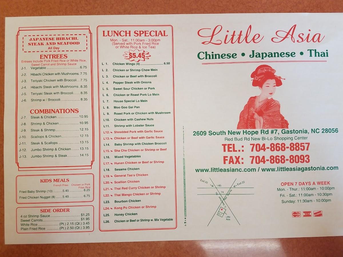 Menu at Little Asia restaurant, Gastonia