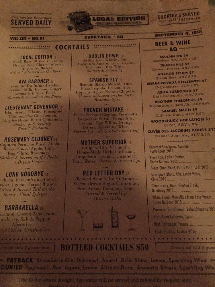 Menu at Local Edition pub & bar, San Francisco