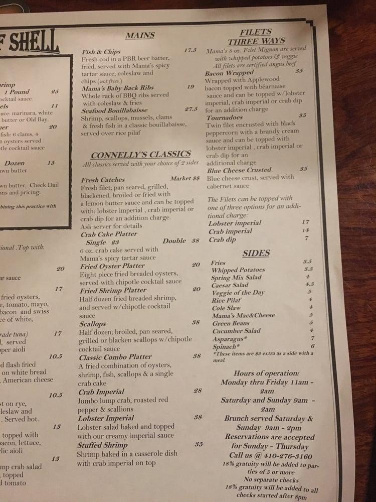 Menu at Mama's On the Half Shell pub & bar, Baltimore