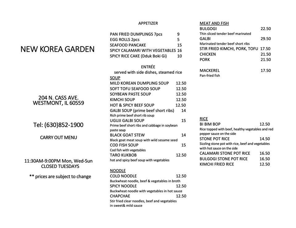Menu at New Korea Garden Restaurant, Westmont