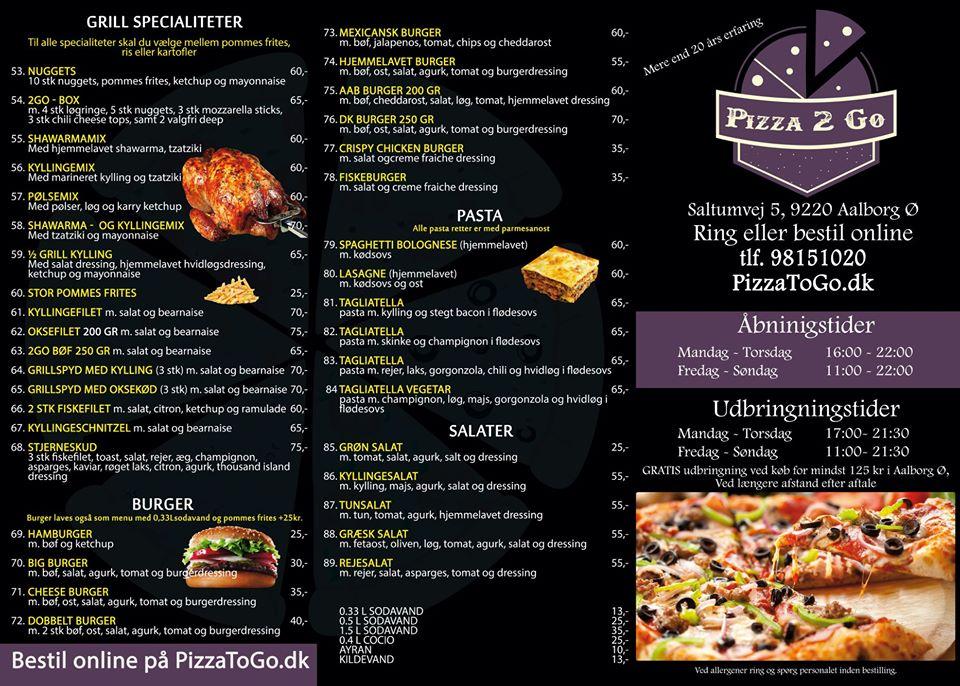Menu at Pizza 2 Go restaurant, Aalborg