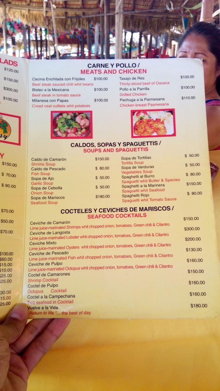 Carta del restaurante Susy, Puerto Ángel