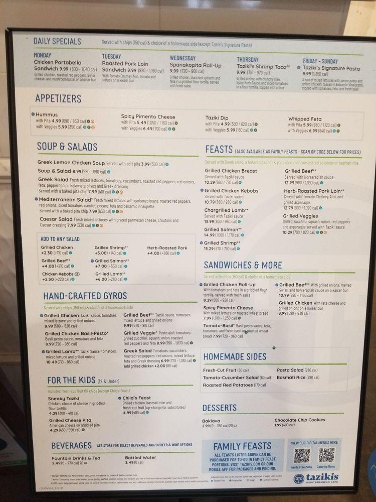 Menu at Taziki's Mediterranean Cafe - St. Matthews, Louisville, 106 ...