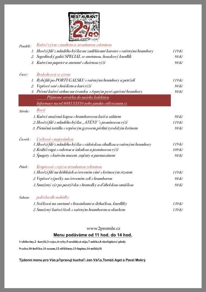 Menu at 2 Promile Restaurant Café Bar, Ostrava