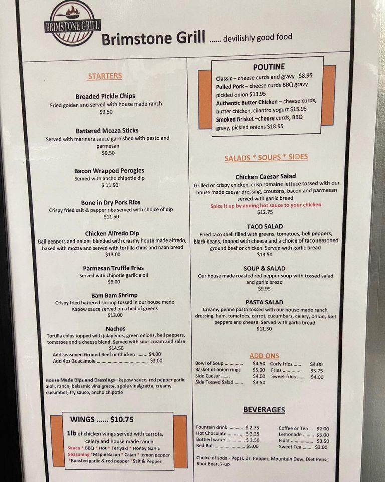Menu at Brimstone Grill restaurant, Raymond