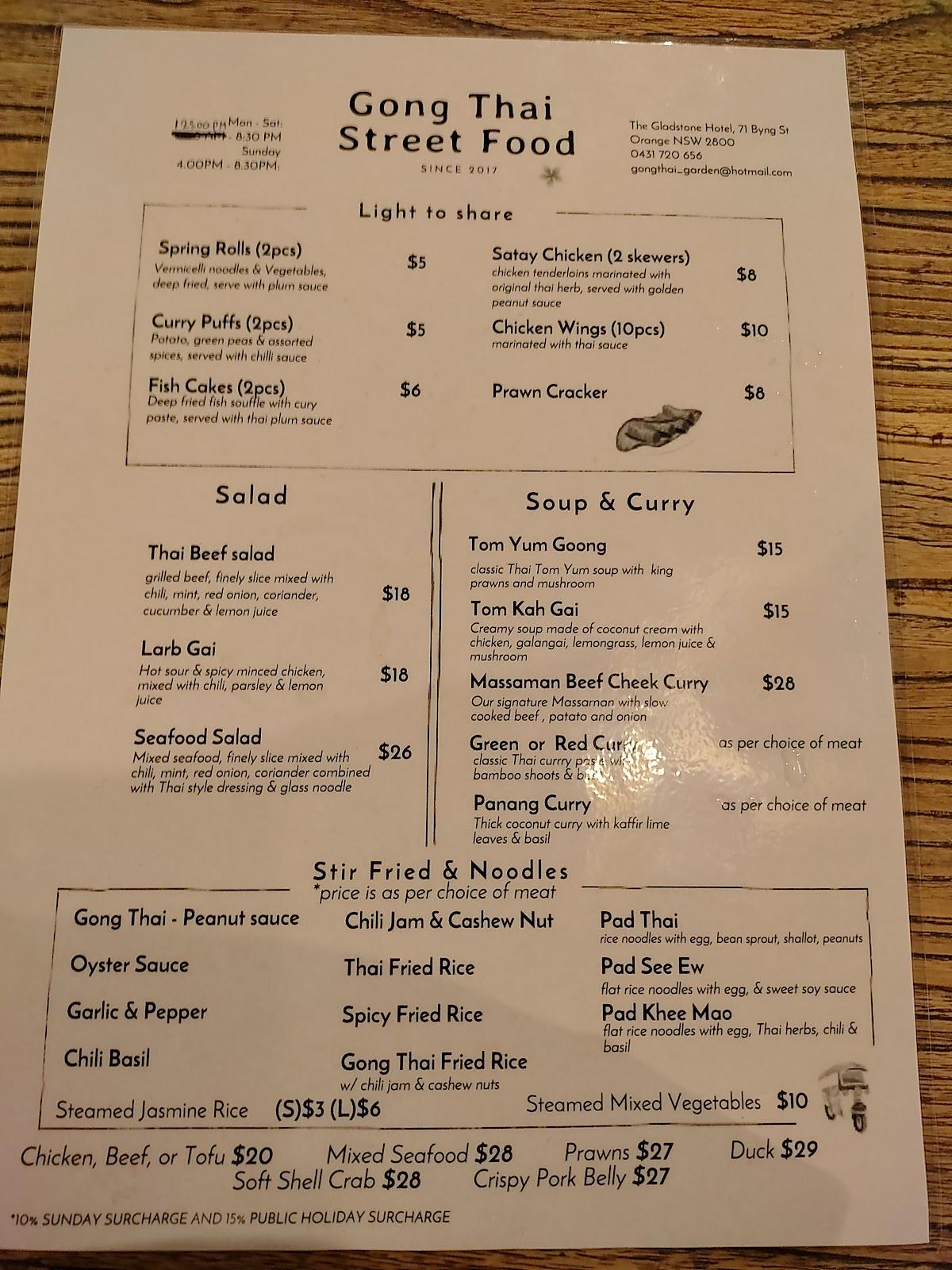 Menu at Gong Thai restaurant, Orange