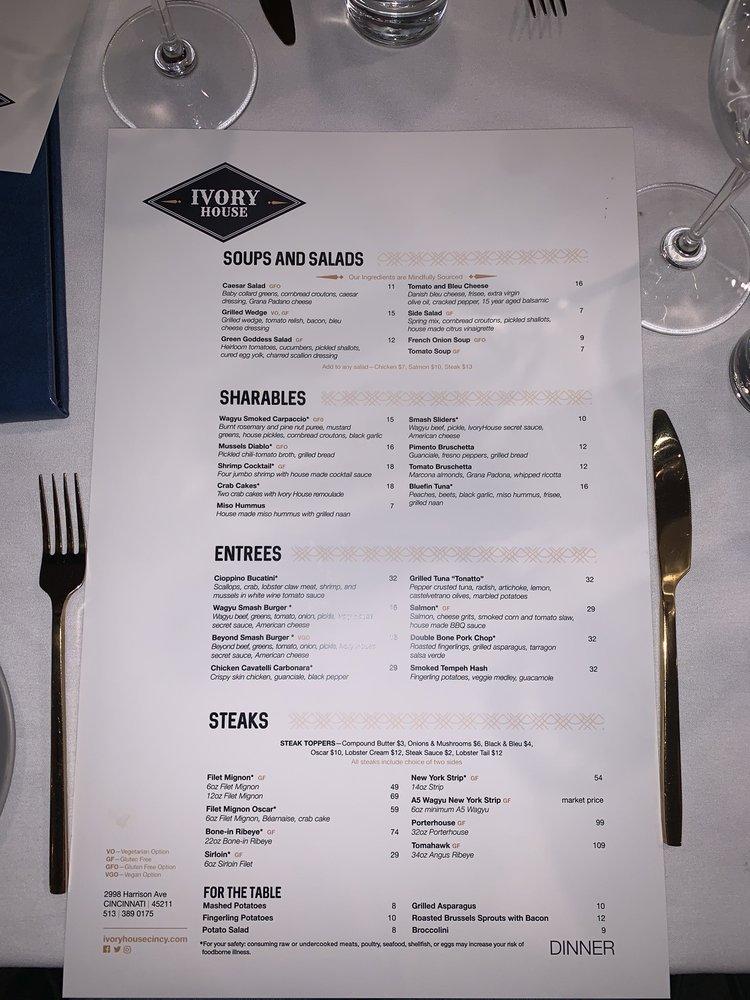 Menu at Ivory House pub & bar, Cincinnati