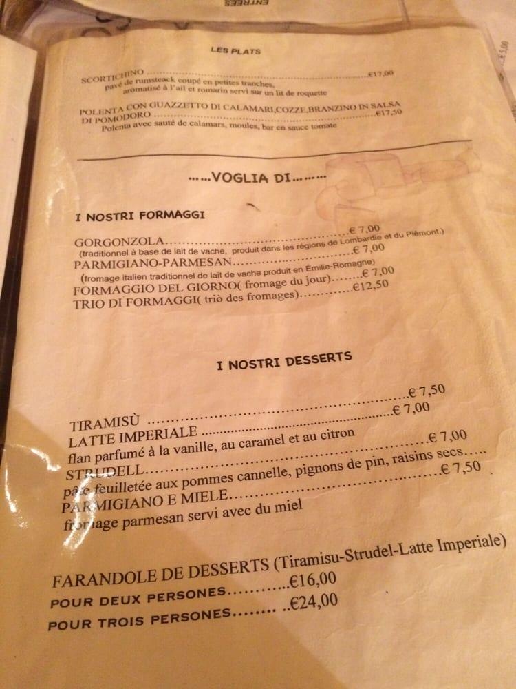 Menu at L'Osteria Dell'Anima restaurant, Paris, 37 Rue Oberkampf