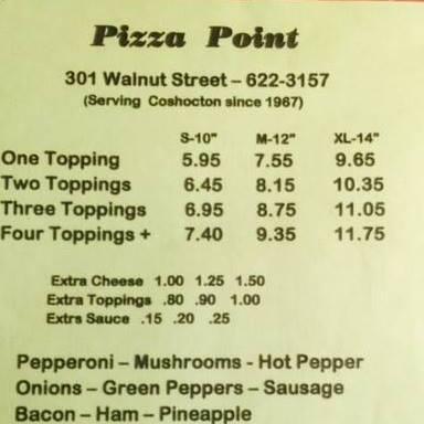 Menu at Pizza Point pizzeria, Coshocton