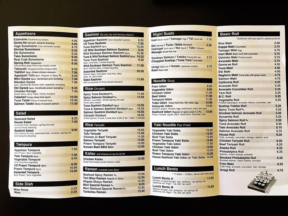 Menu at Sushi Mori restaurant, North Vancouver, Capilano Rd