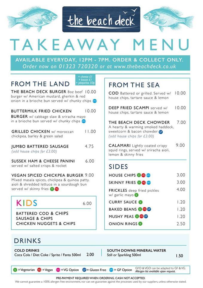 Menu at The Beach Deck cafe, Eastbourne