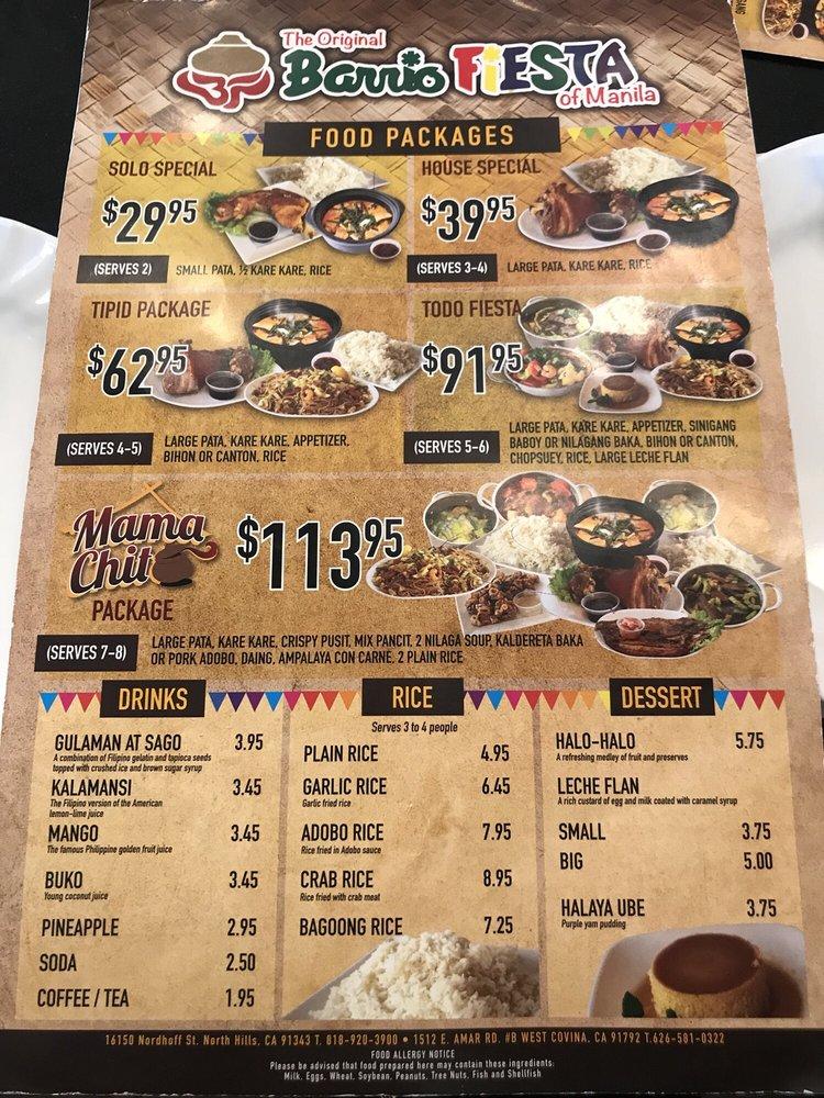 Menu at The Original Barrio Fiesta of Manila, Los Angeles, Nordhoff St