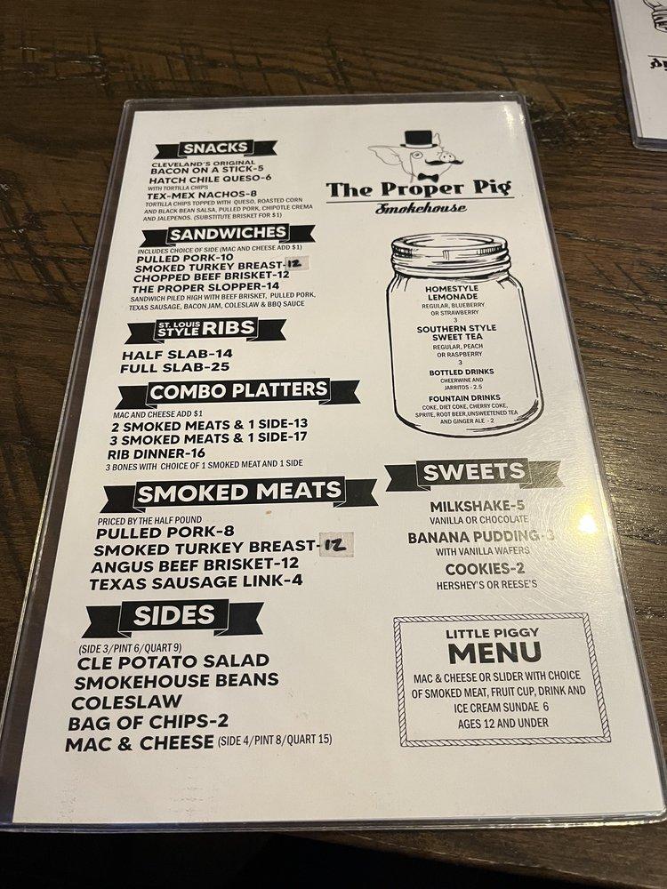 Menu at The Proper Pig Smokehouse pub & bar, Lakewood, Detroit Ave