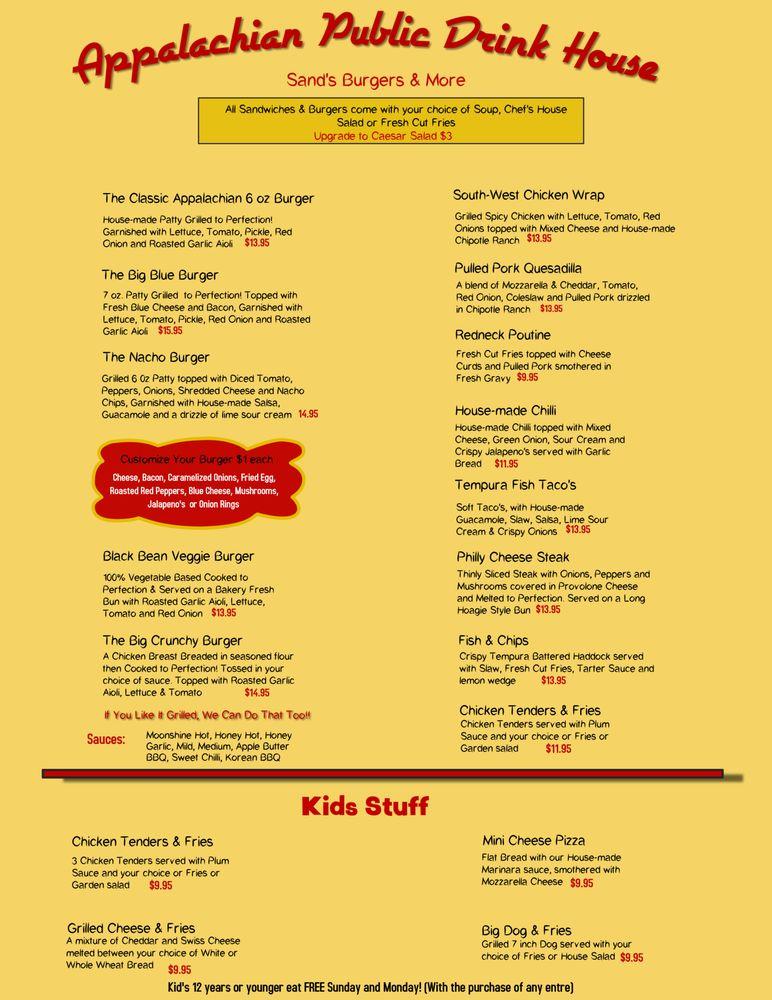 Menu at Appalachian Pub & Eatery, Halton Hills