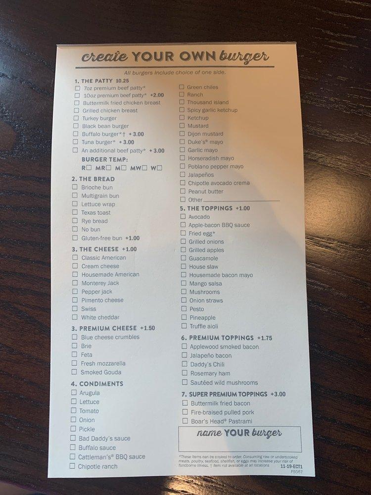 Menu at Bad Daddy's Burger Bar, Summerville