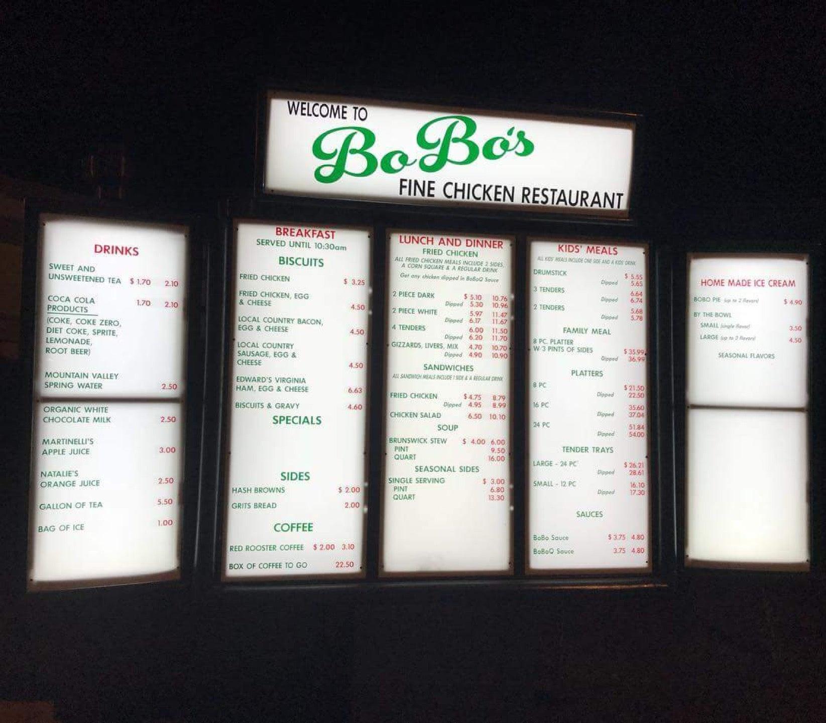 Menu at BoBo's Fine Chicken fast food, Virginia Beach