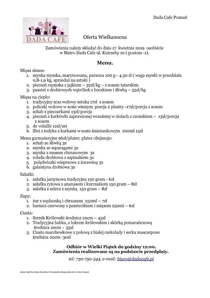 Menu at Dada Cafe Kutrzeby 10, Poznań, Kutrzeby 10