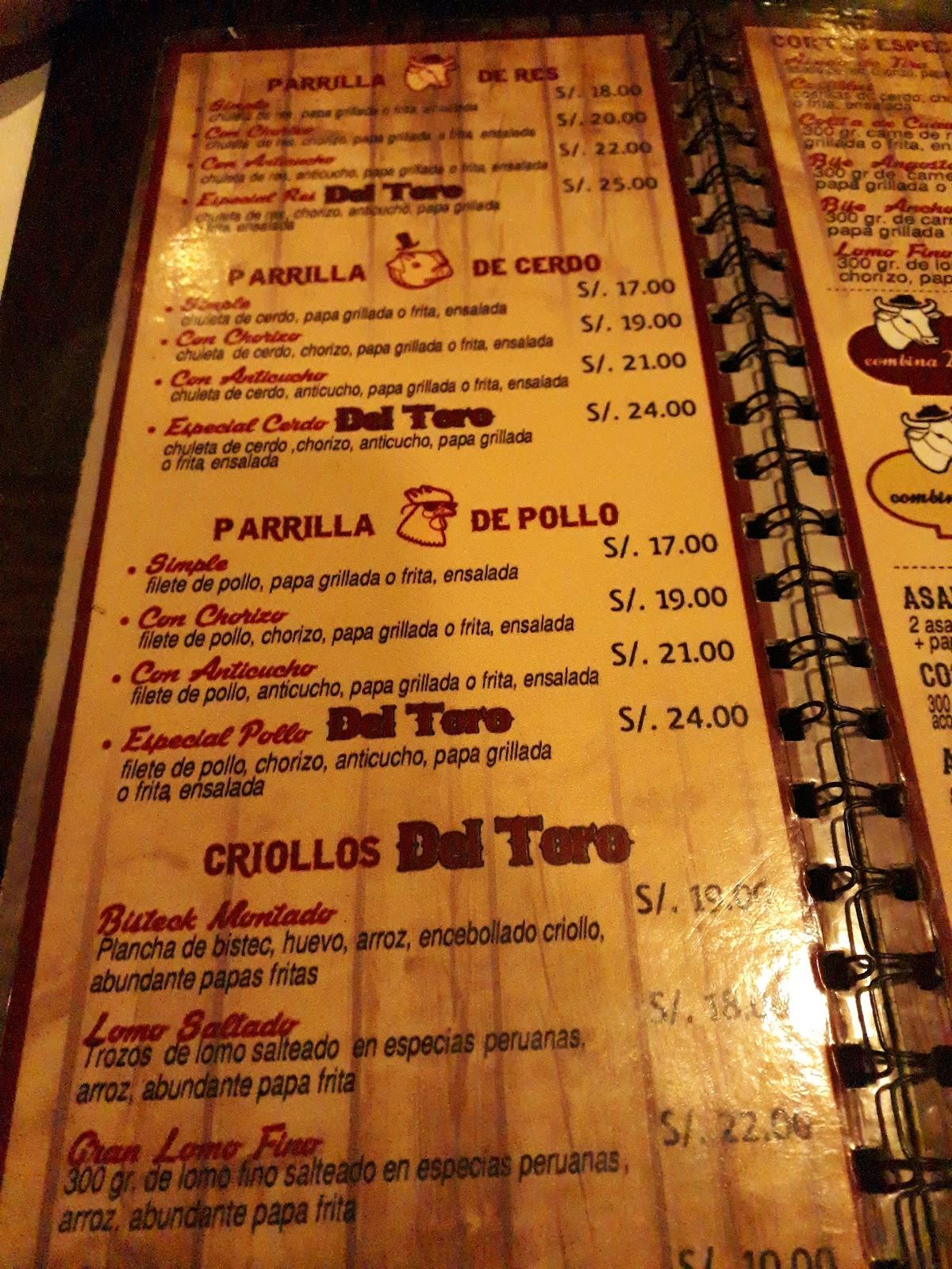 Menu at Del Toro restaurant, Mollendo
