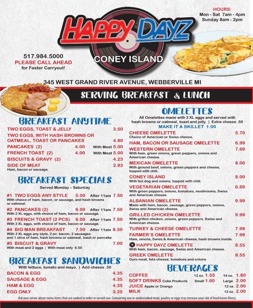 Menu at Happy Dayz The Remix restaurant, Webberville
