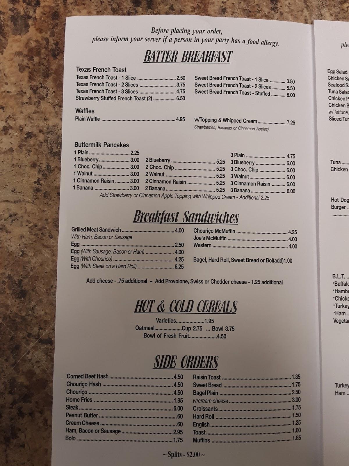 Menu at Harry's Restaurant, Fall River