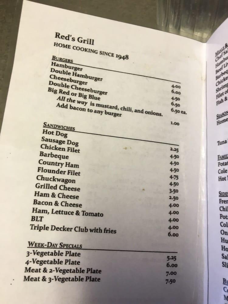 Menu at Red's Grill restaurant, Rock Hill