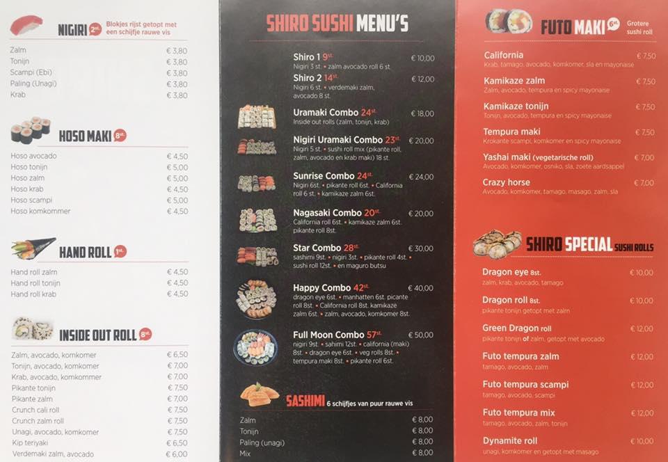 Carta de Shiro Sushi Bar, Bredene