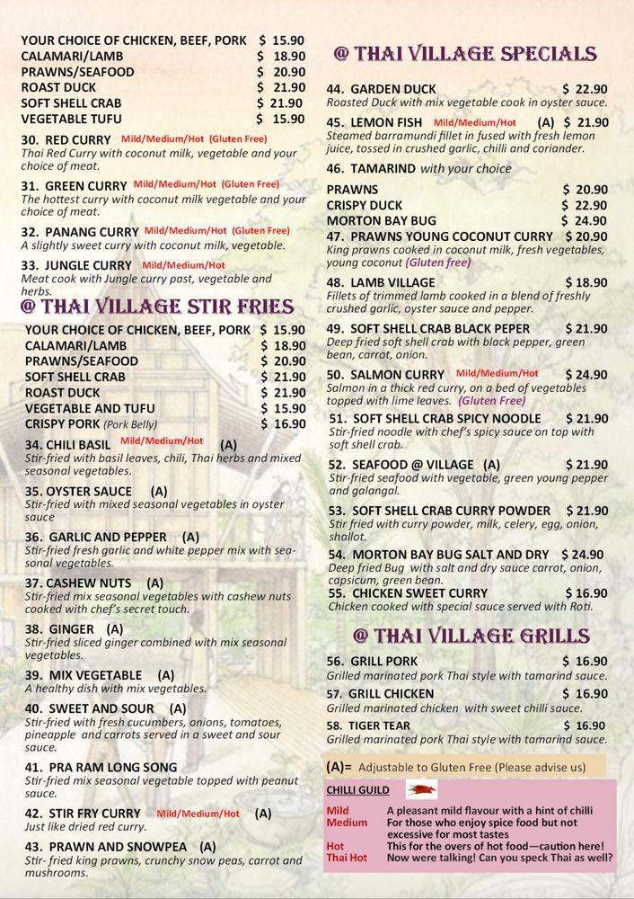 Menu at @Thai Village, East Brisbane
