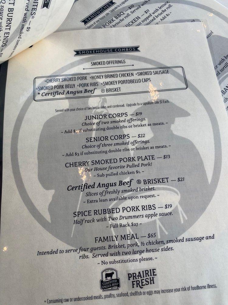 Menu at Two Drummers Smokehouse BBQ, Toano