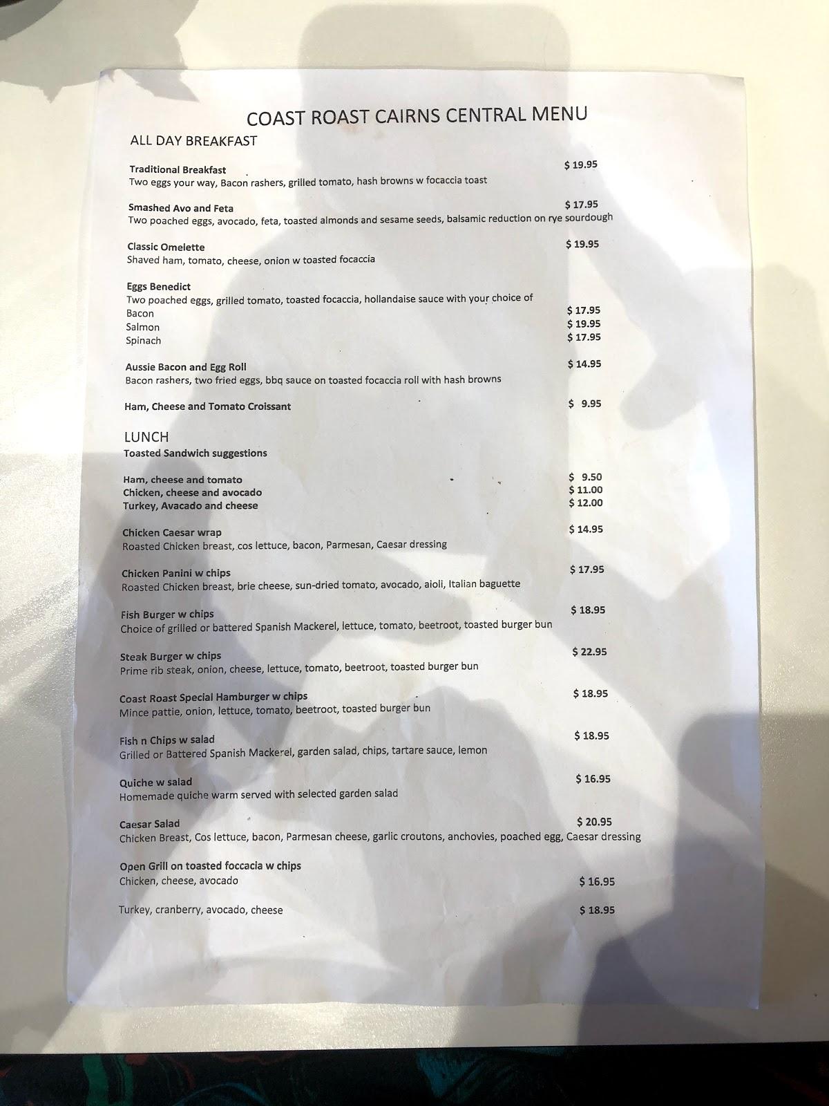 Menu at Coast Roast cafe, Cairns, Cairns Central Shopping Centre 1
