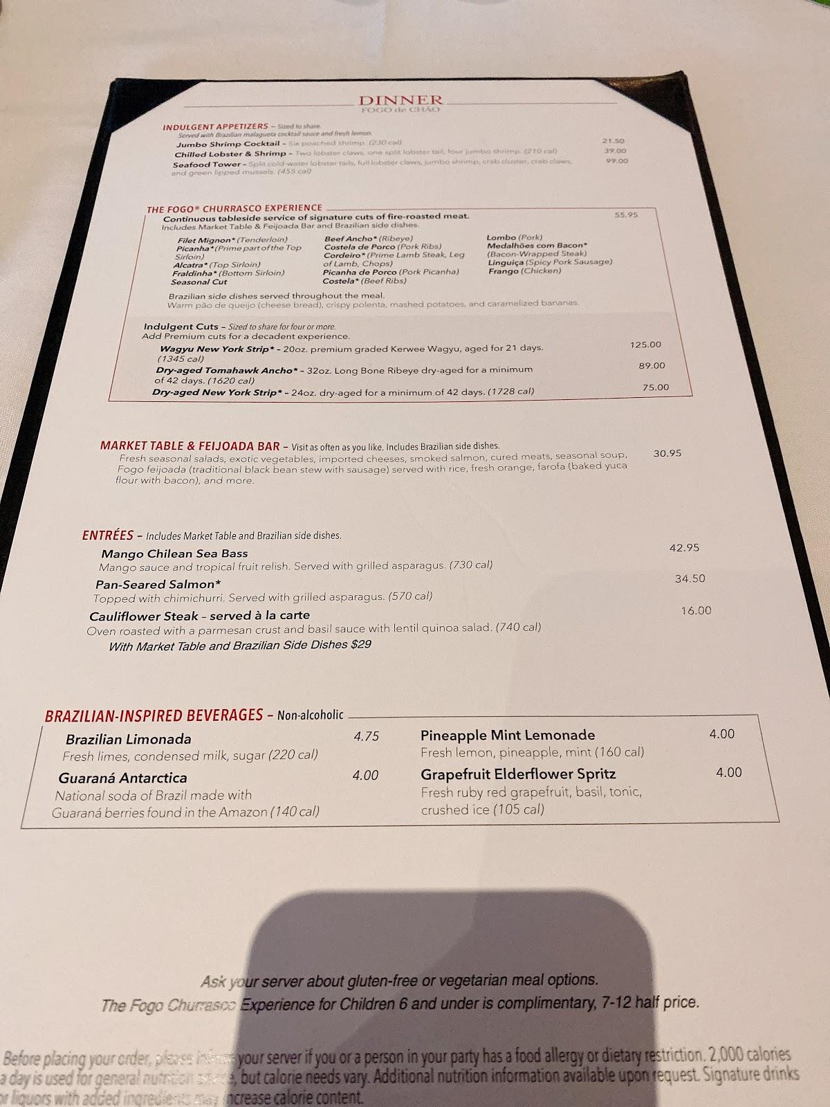 Menu at Fogo de Chão Brazilian Steakhouse, Scottsdale