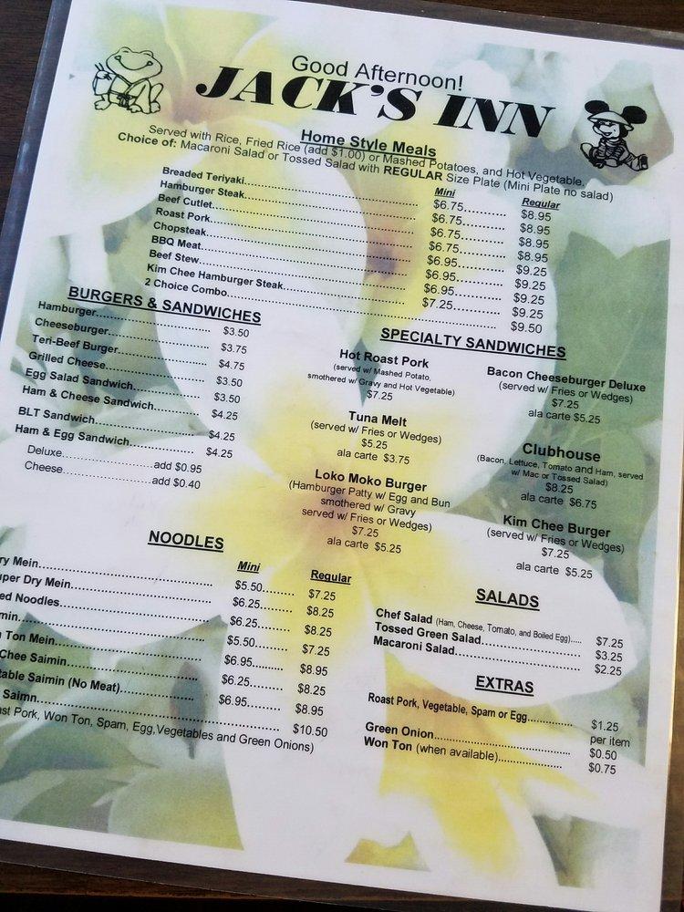 Menu at Jack's Inn restaurant, Kahului