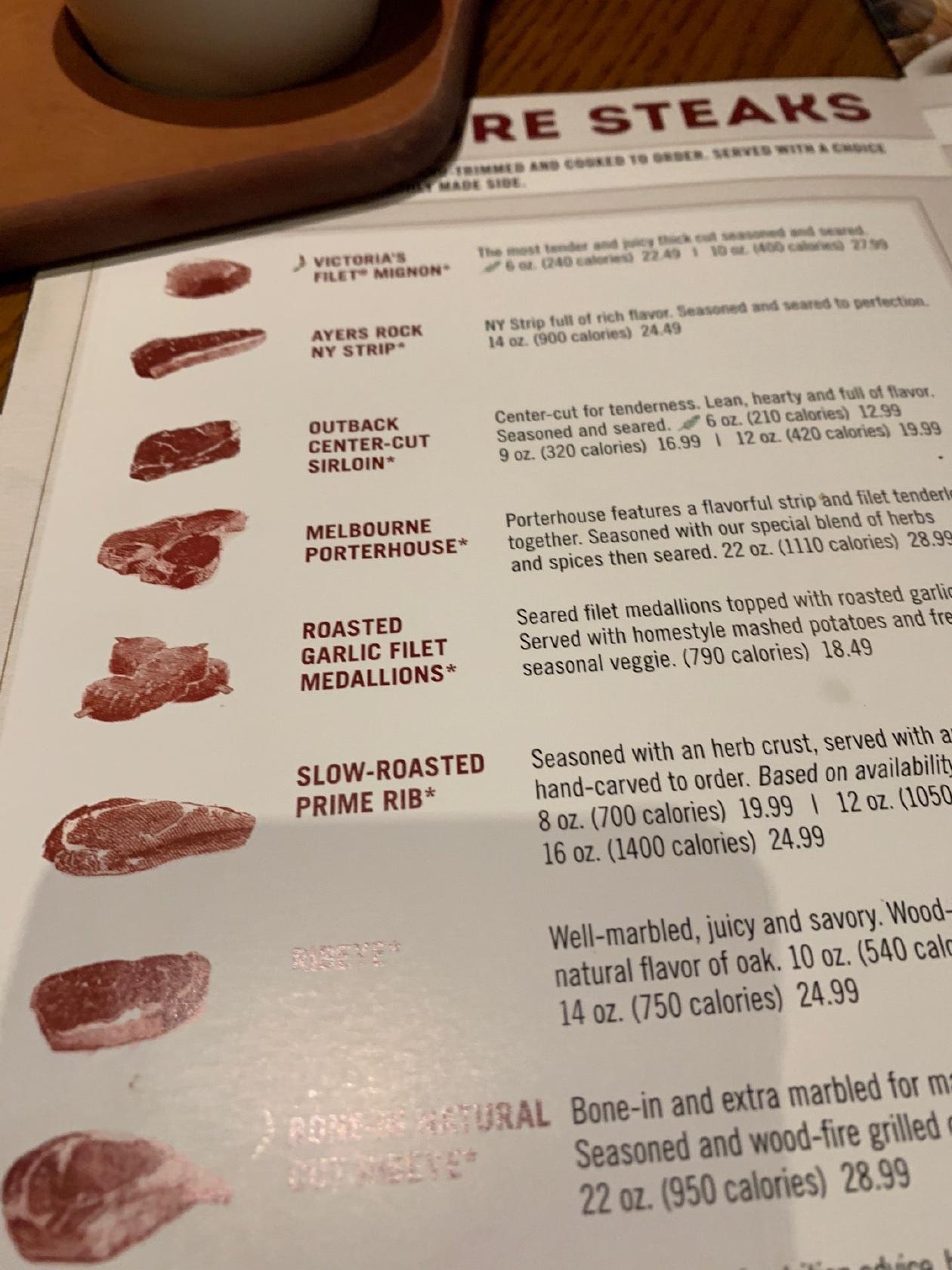 Menu at Outback Steakhouse, Gaffney, 945 Factory Shops Blvd