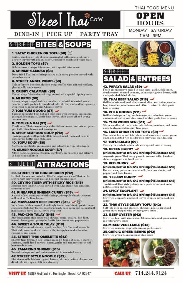 Menu at Street Thai Cafe, Huntington Beach