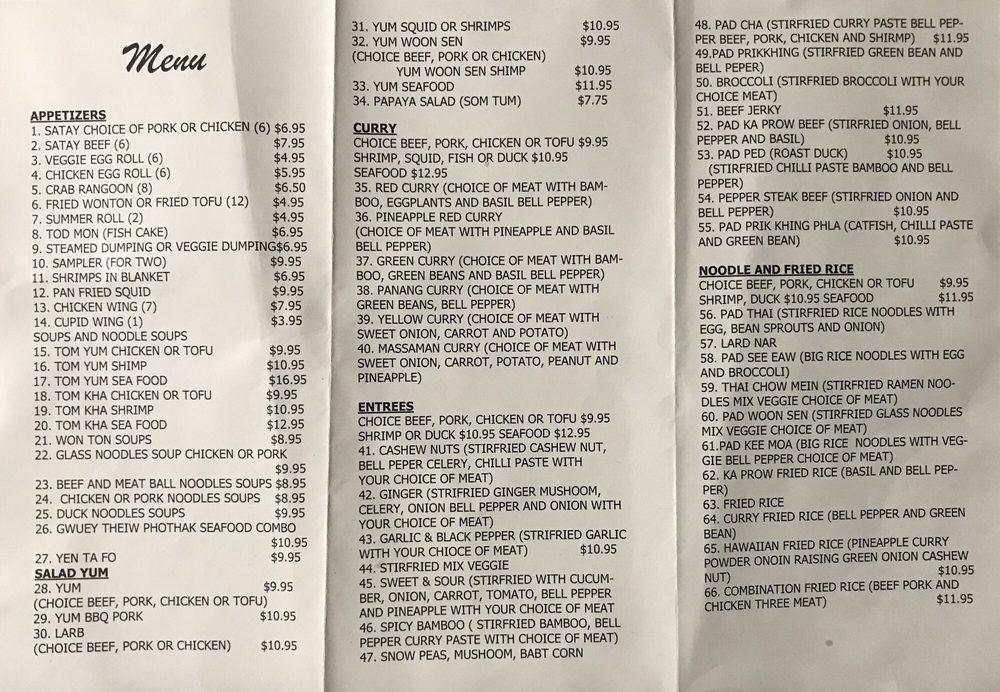 Menu at Tham Rab Thai Restaurant, Killeen